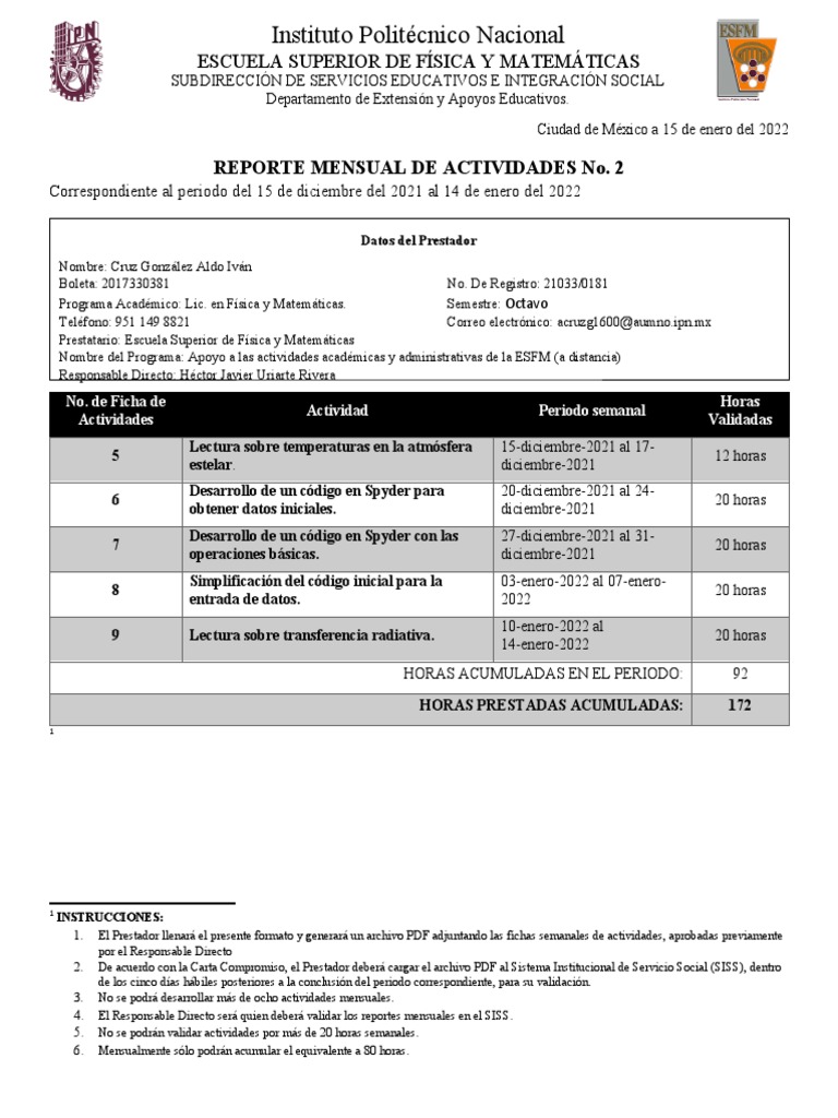 Reporte Mensual de Actividades SS#2 | PDF
