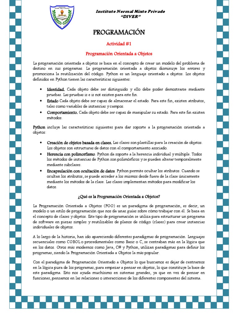 ProgramaciÓn Actividad 1 Pdf Objeto Informática Programación Orientada A Objetos
