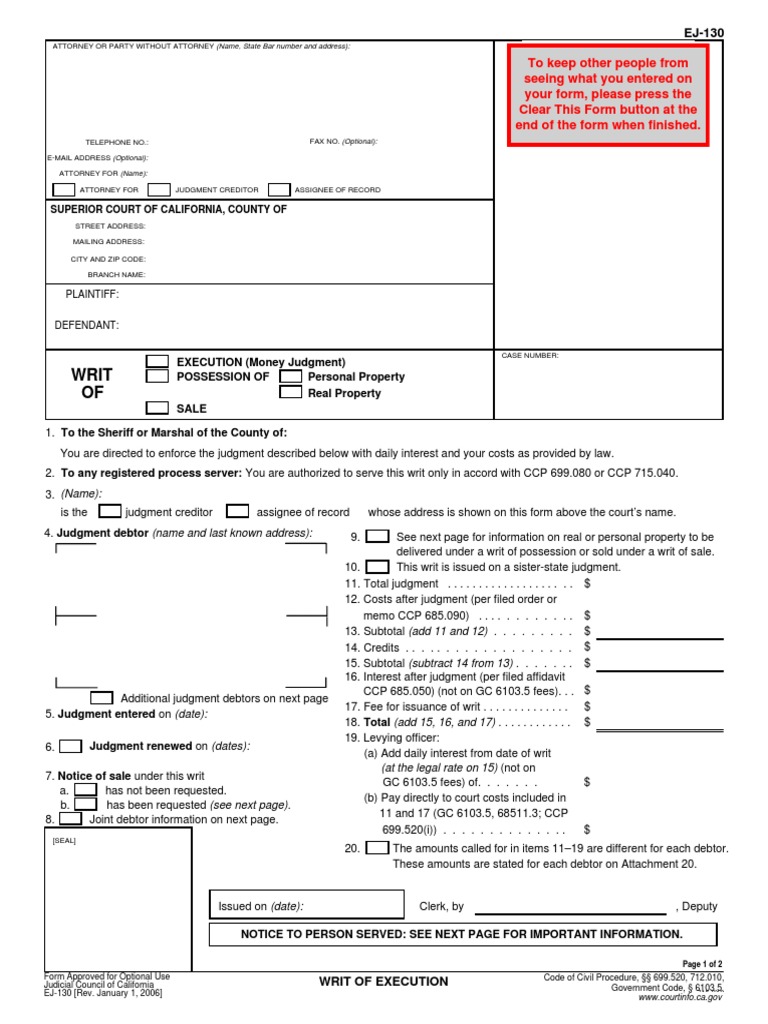 California Writ of Execution Form EJ-130 | PDF | Judgment (Law ...