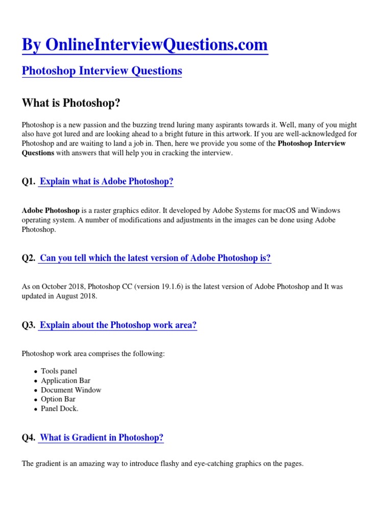 Photoshop Interview Questions | PDF | Adobe Photoshop | Graphics