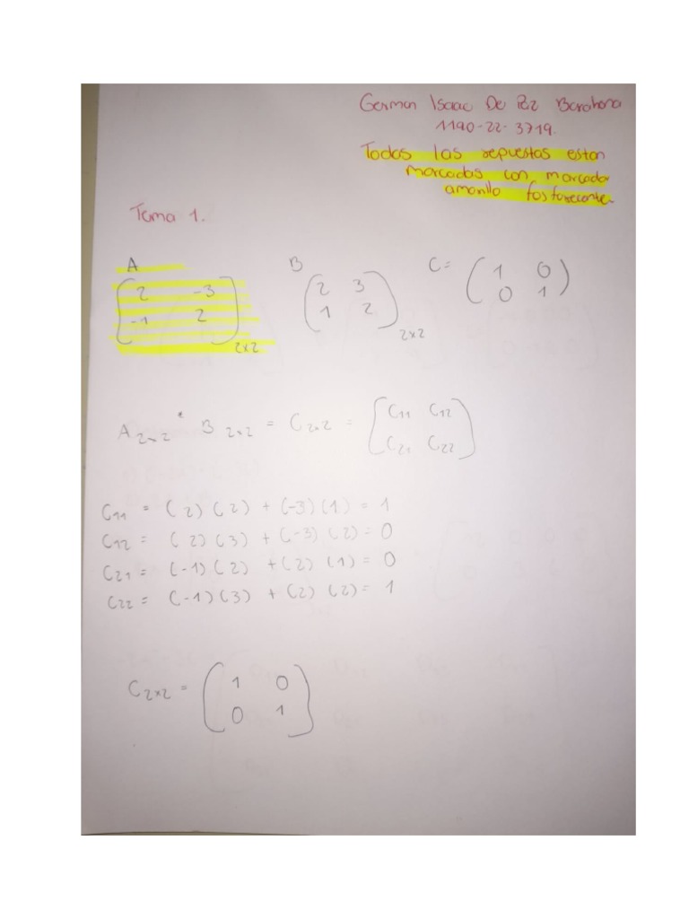 Algebra Lineal Matrices German Isaac de Paz Barahona 1190-22-3719 | PDF
