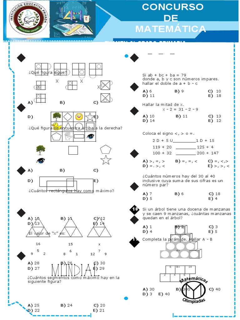 Concurso de matemática primaria | PDF | Sustracción | Matemática Elemental