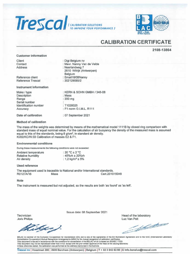 Kalibratiecertificaat Trescal 200 MG t1028025 | PDF