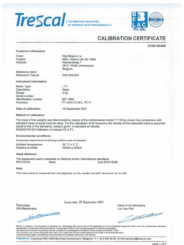 Kalibratiecertificaat Trescal BF1-003 | PDF