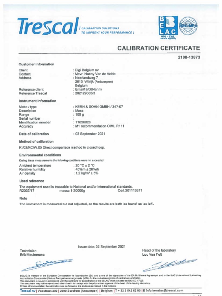 Kalibratiecertificaat Trescal 100 G m1 t1028026 | PDF