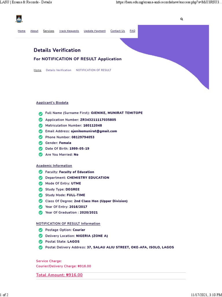 LASU Exams & Records - Details | PDF | Mail | Service Industries