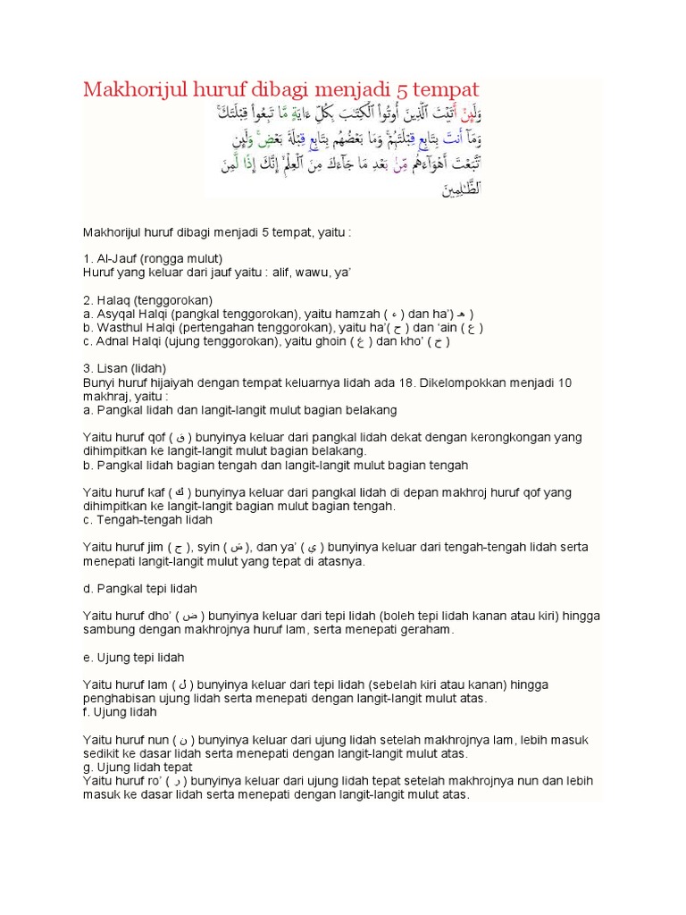 The Five Places of Articulation in Arabic Pronunciation | PDF