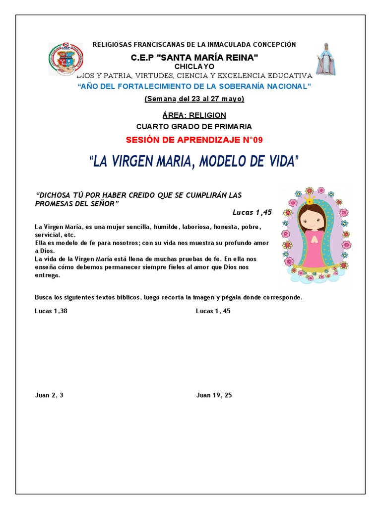 Sesion de Aprendizaje Religion - 4to - n09 - La Virgen Maria Modelo de Vida - Ficha | PDF ...