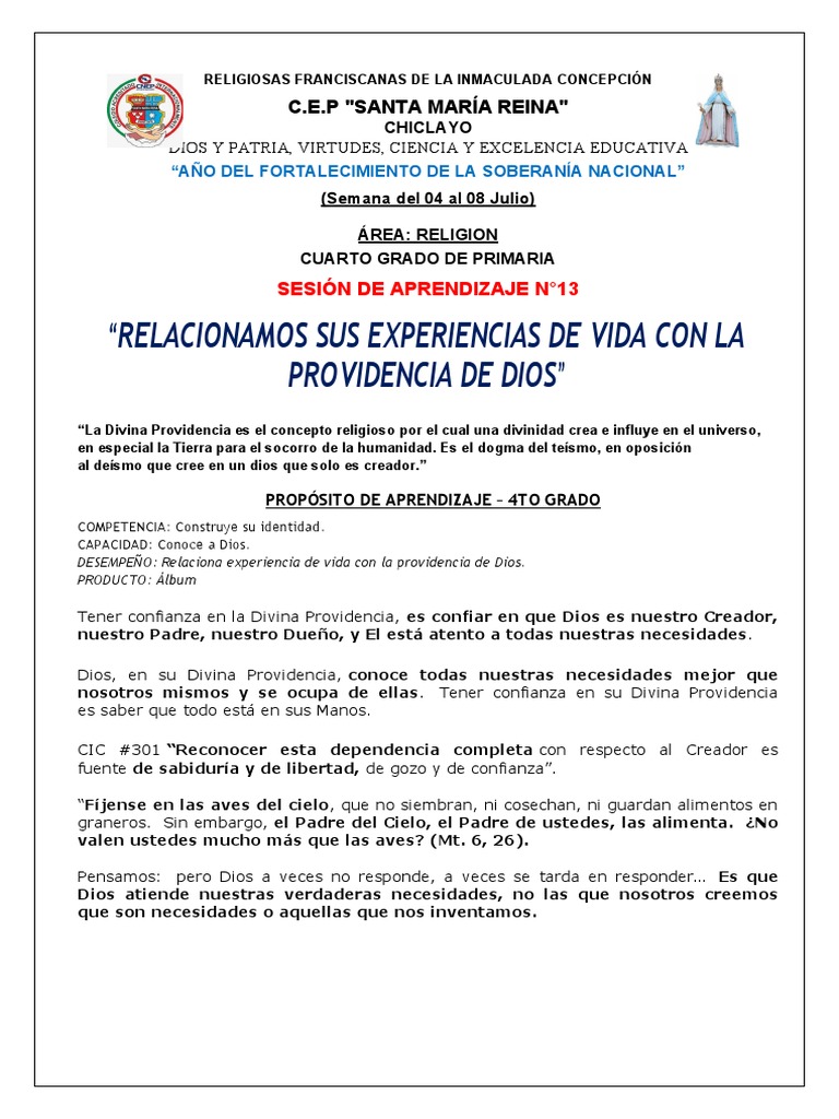 Sesion de Aprendizaje Religion - 4to - N13 - La Providencia de Dios - Ficha | PDF | Dios ...