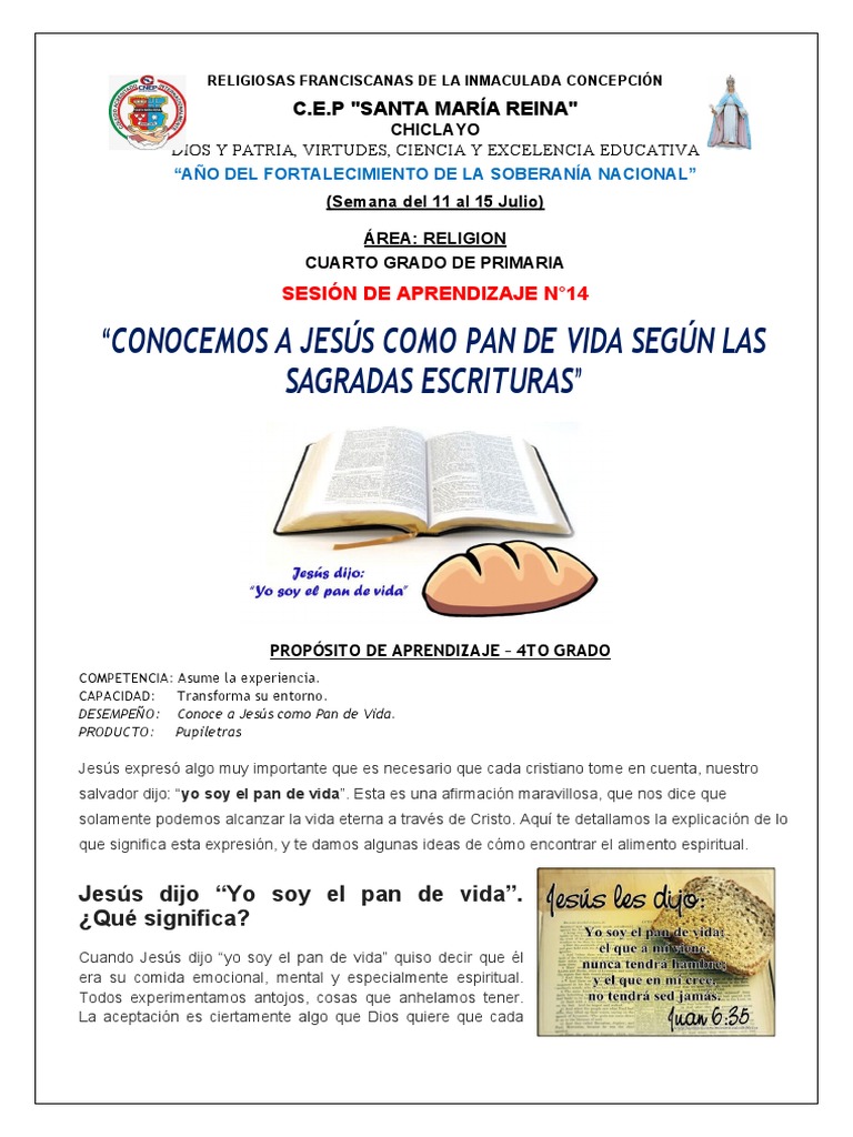 Sesion de Aprendizaje Religion - 4to - N14 - Jesus Pan de Vida - Ficha | PDF | Jesús | Dios