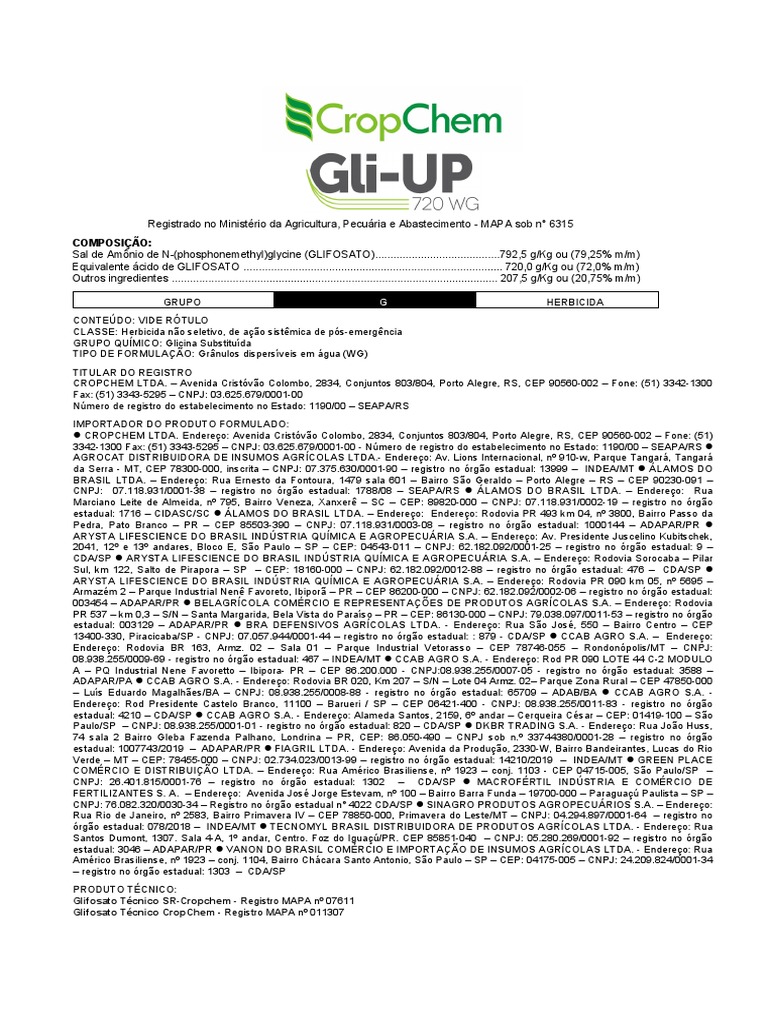 Bula do Herbicida Gli-Up 720 WG | PDF | Embalagem e rotulagem | Rotação ...