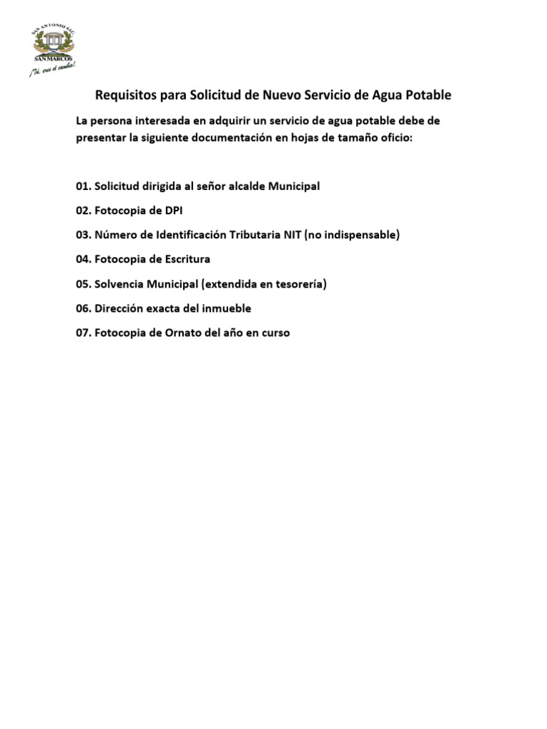 Requisitos para Solicitud de Nuevo Servicio de Agua Potable | PDF