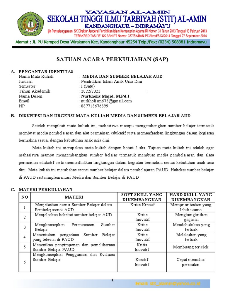 RPS Media Dan Sumber Pembelajaran Paud | PDF