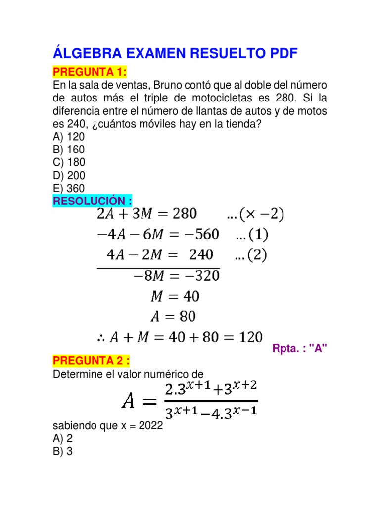 Examen Resuelto de Álgebra: Preguntas y Respuestas | PDF | Ecuaciones ...