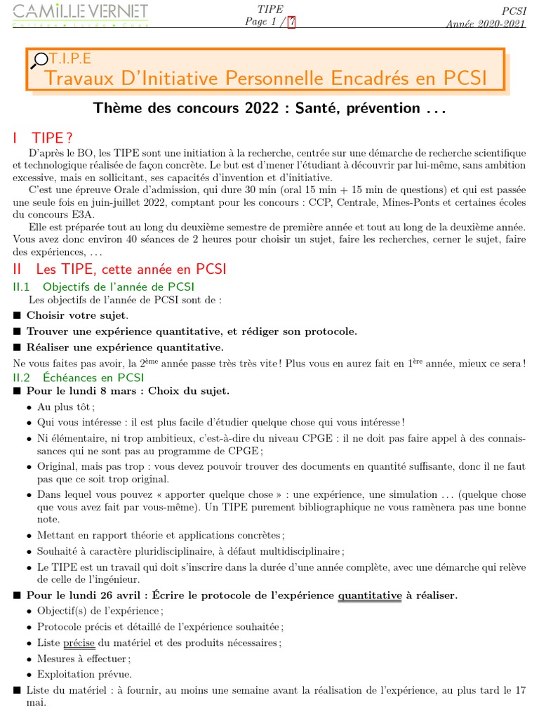 Guide TIPE PCSI 2020-2021 | PDF | Chimie | Électronique