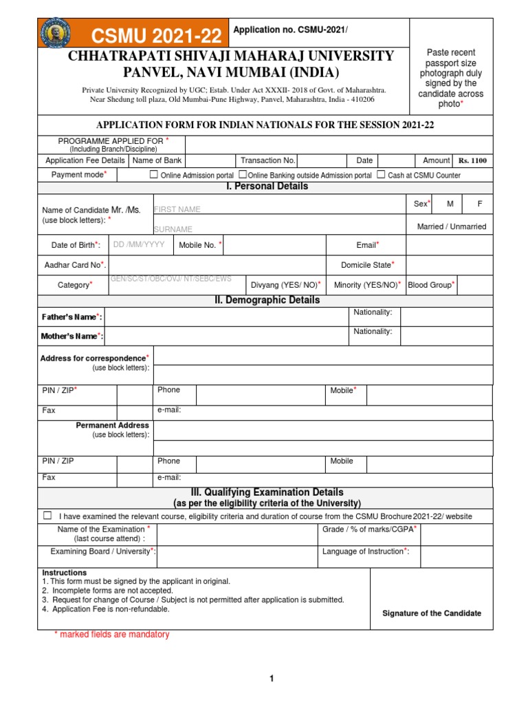 CSMU Application Form Indian Nationals 2021 | PDF | Academic ...