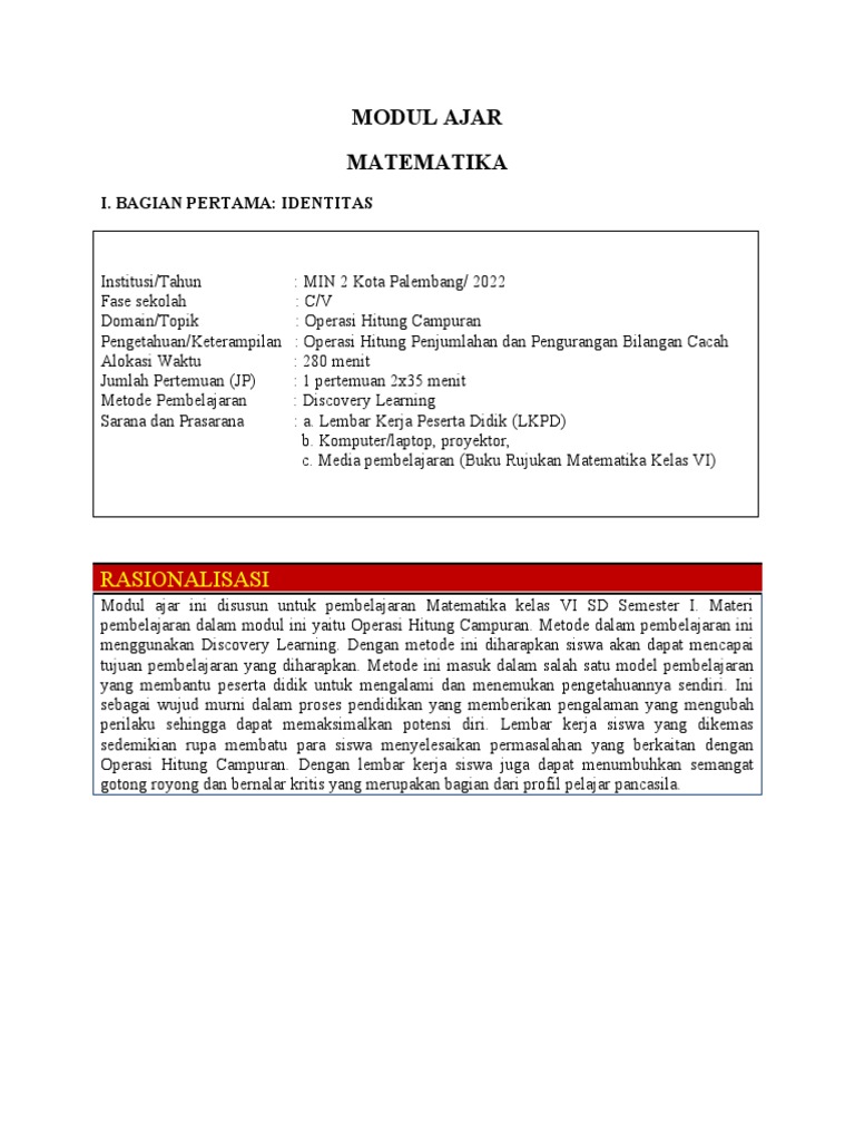 Modul Ajar MTK P1 | PDF