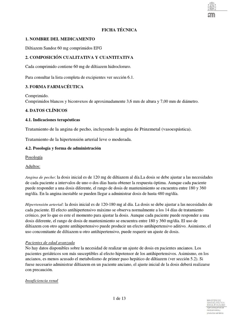 Ficha Técnica de Diltiazem Sandoz 60 mg | PDF | Medicamentos con receta ...