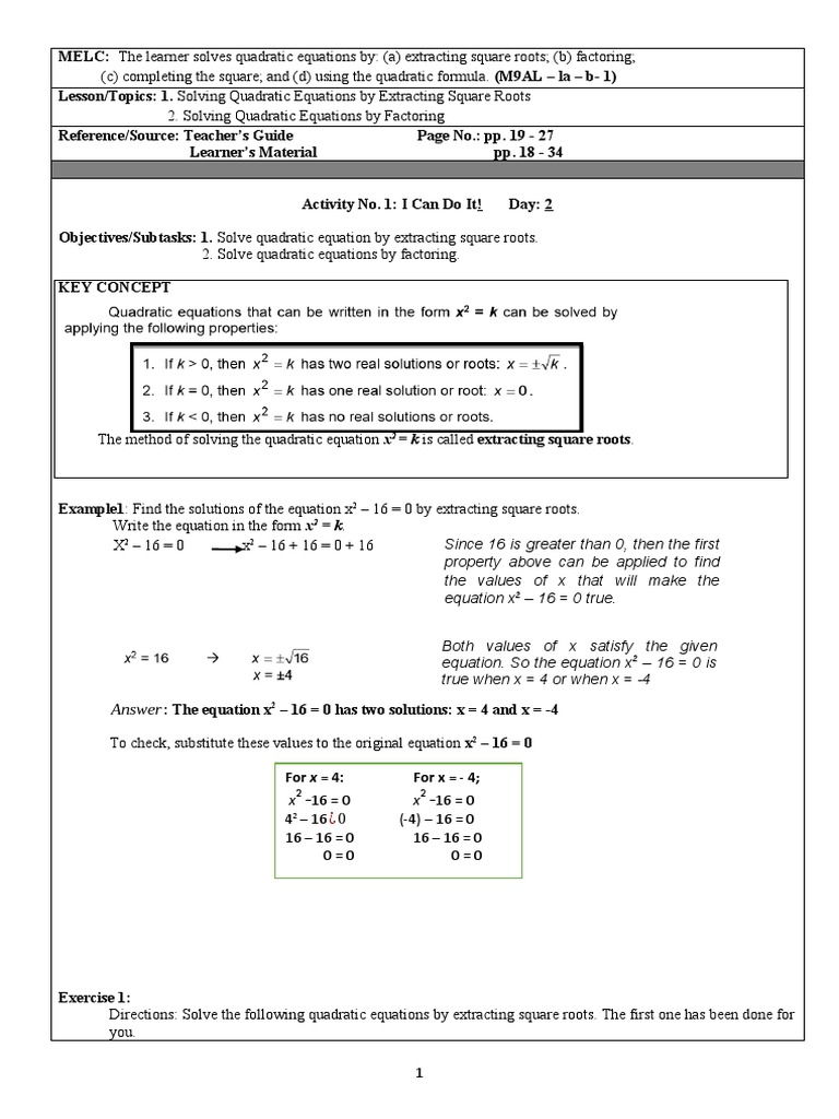 Math 9 - Day 2-5 | PDF | Quadratic Equation | Equations