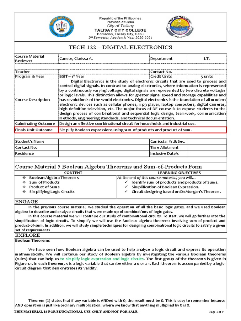 New Tech 122 Module 5 | PDF | Logic Gate | Boolean Algebra