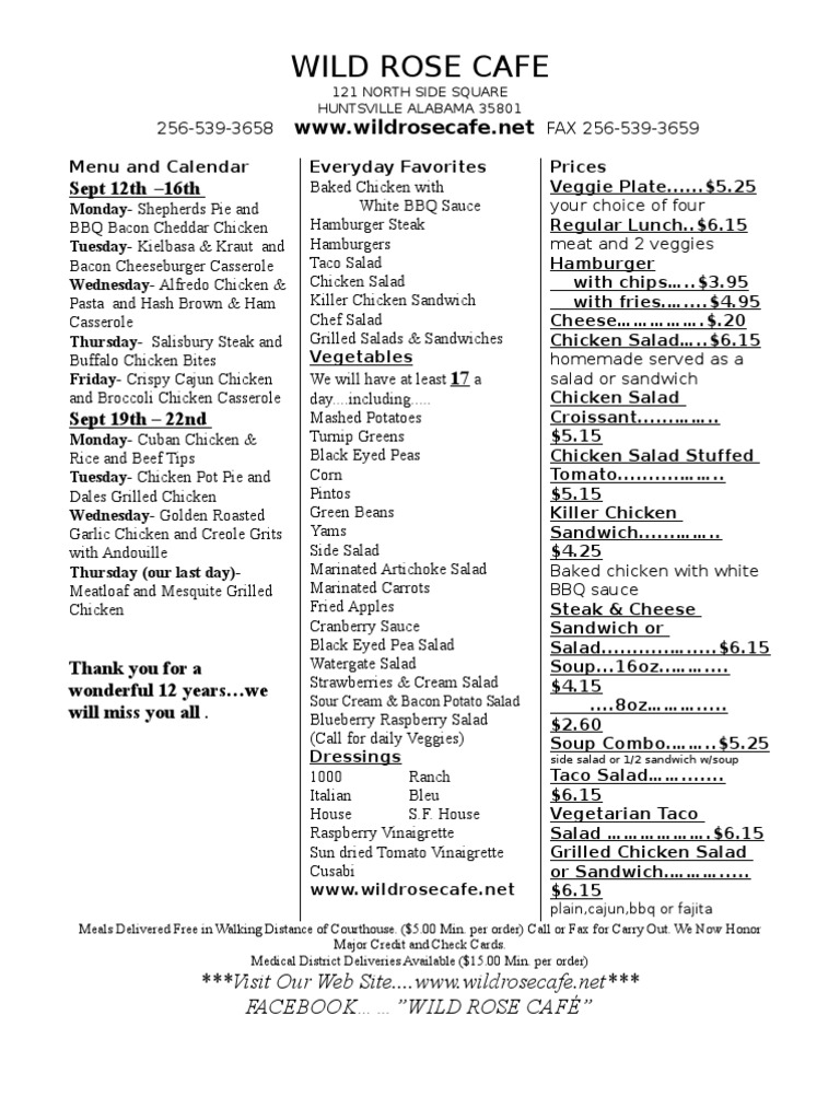 Wild Rose Cafe Weekly Menu & Specials | PDF | Salad | Hamburgers