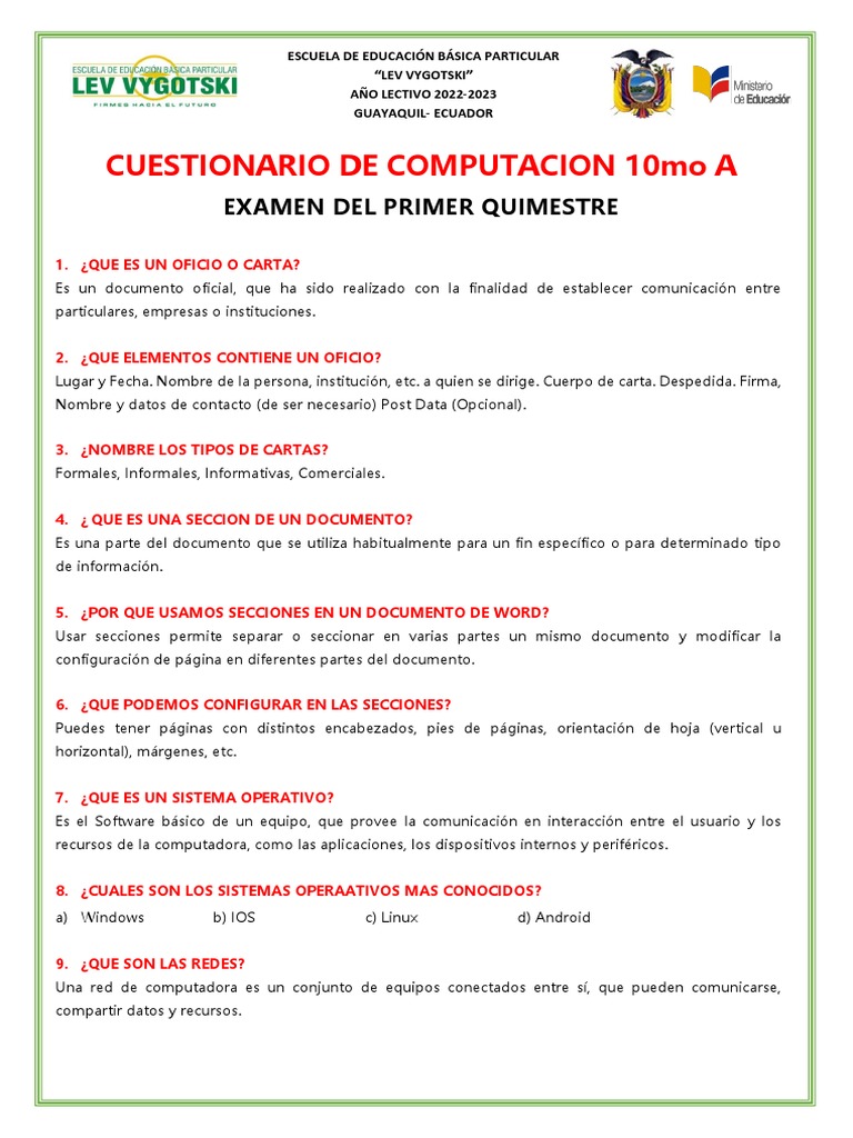 CUESTIONARIO DE EXAMEN DE COMPUTACION 10mo A | PDF | Internet | Red mundial