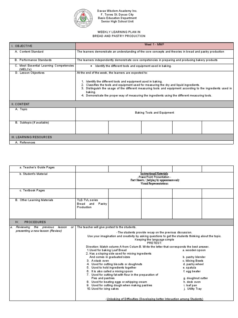 Week 1 BPP Learning Plan | PDF | Baking | Oven