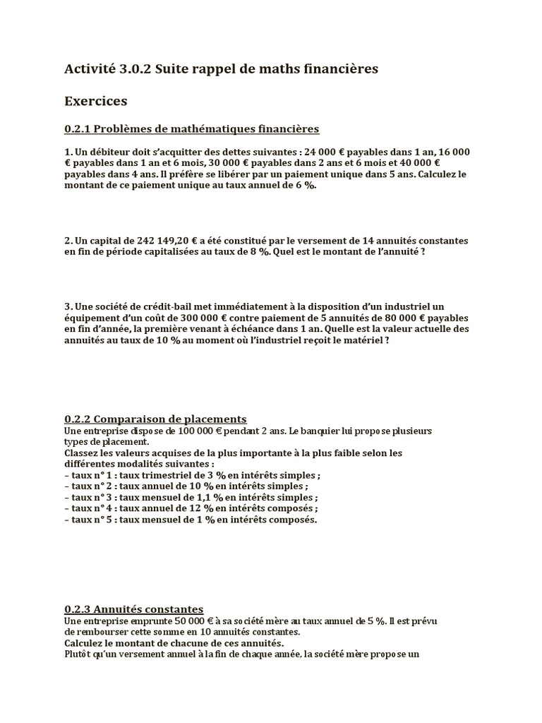 Exercices de mathématiques financières | PDF | Prêts | Business