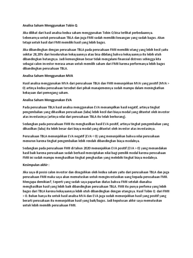Kesimpulan Analisa Tobin Q, MVA & EVA | PDF | Pengelolaan Keuangan & Uang