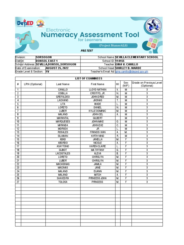 ENAT Class Grade 4 PreTest SEVILLA | PDF | Arithmetic | Cognition