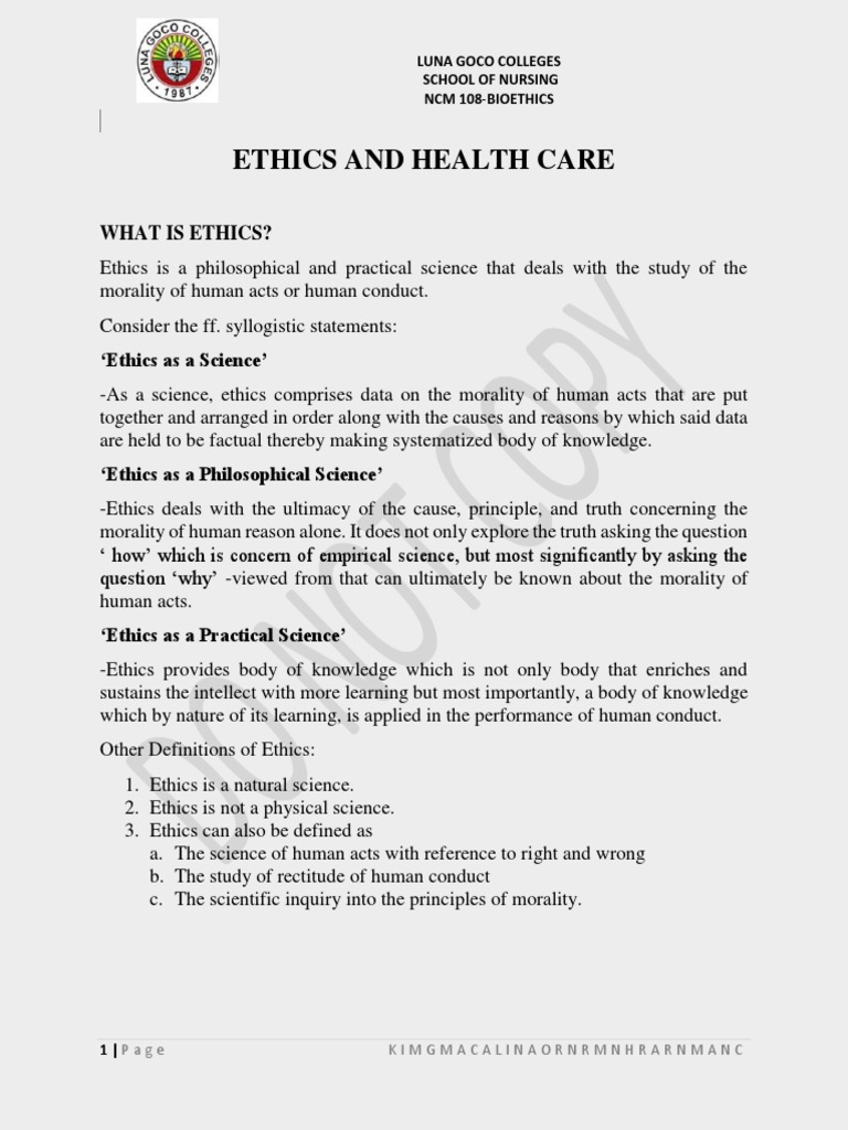 Lesson 1 ETHICS AND HEALTH CARE | PDF | Bioethics | Science