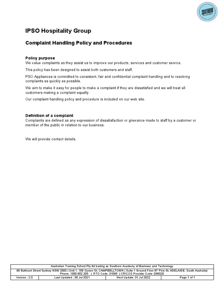 Complaint Handling Policy And Procedures V1 0 Pdf