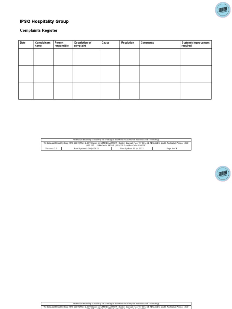 Complaints Register.v1.0 | PDF