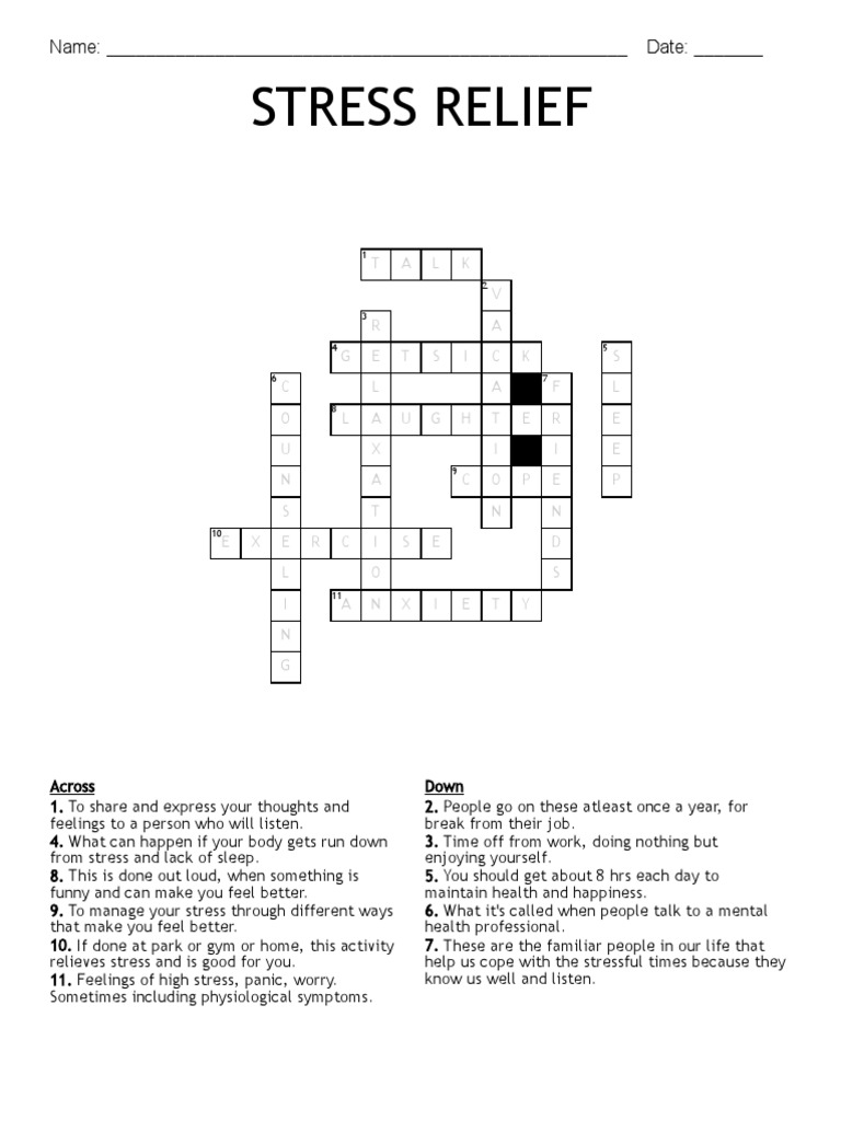 Stress Relief Crossword Puzzle | PDF | Stress (Biology) | Behavioural ...