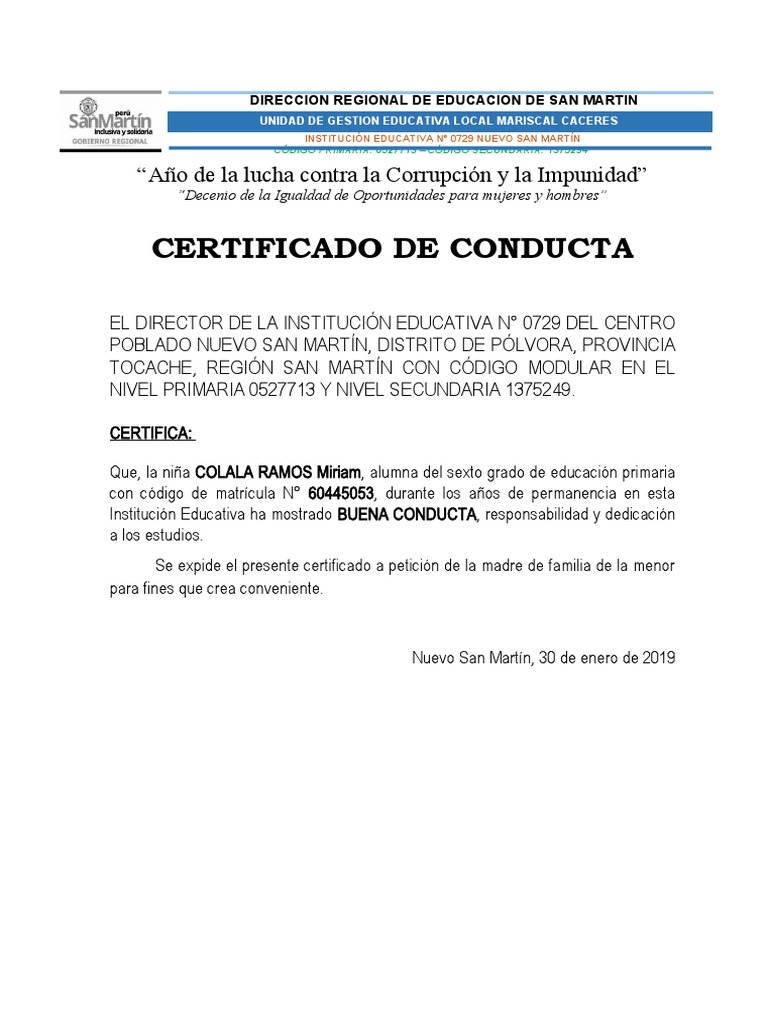 Certificado de Buena Conducta Escolar | PDF | Educación primaria