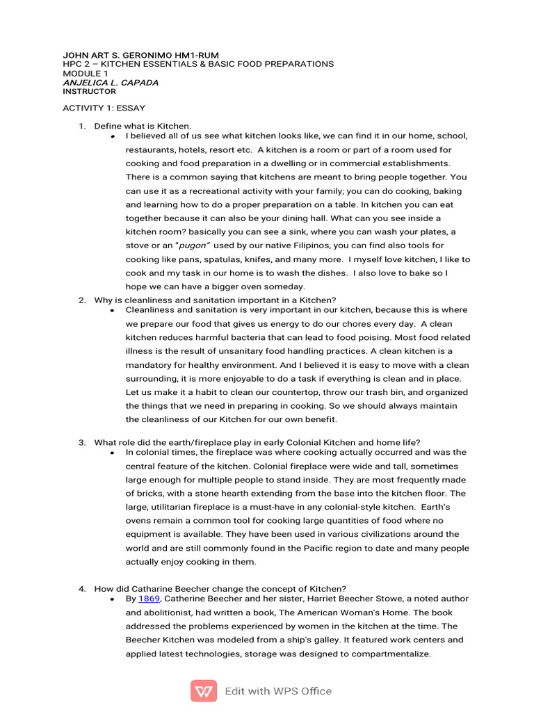 HPC 2 - Kitchen Essentials & Basic Food Preparations | PDF
