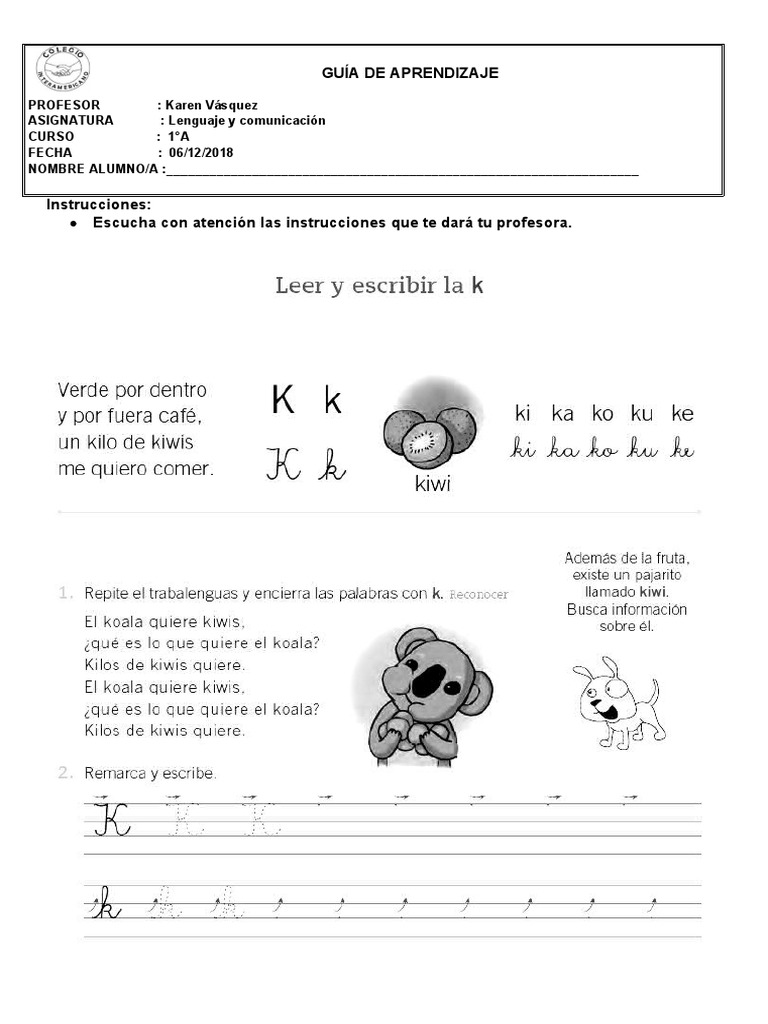 Guía de Aprendizaje Letra Letra K | PDF