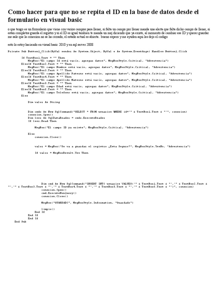 Como Hacer para Que No Se Repita El ID en La Base de Datos Desde El ...