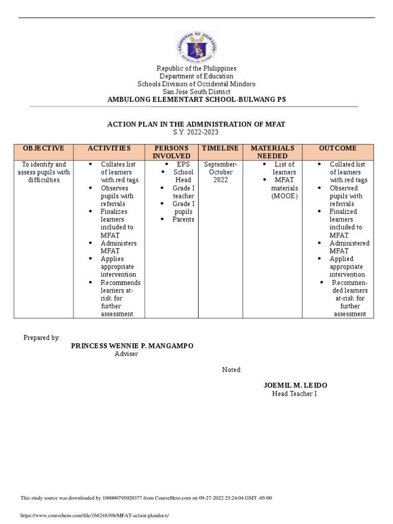 MFAT Action Plan | PDF | Learning | Behavior Modification