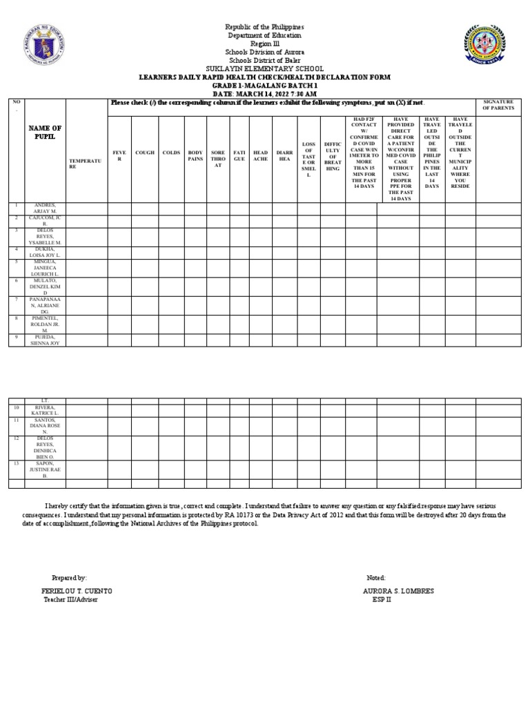 Daily Rapid Health Check Health Declaration | PDF Daily Rapid Health Check Health Declaration | PDF