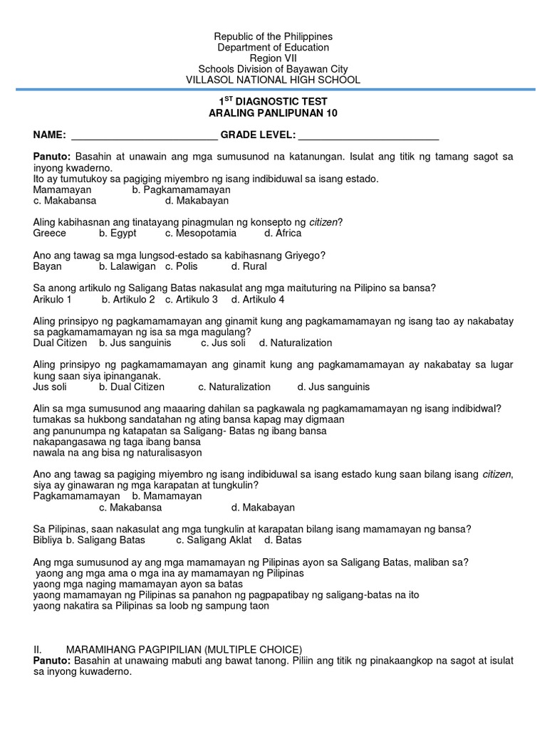 ARALING-PANLIPUNAN-10-DIAGNOSTIC-TEST | PDF