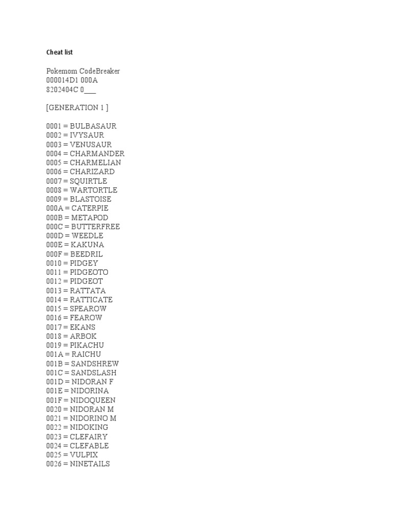 Cheat List | PDF | Nintendo Franchises | Pokémon