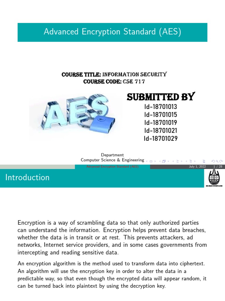 AES Presentation | PDF | Cryptography | Encryption