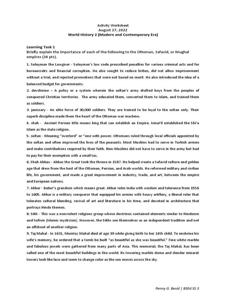 Lesson 2 Learning Activity (World History 2) | PDF | Ottoman Empire ...