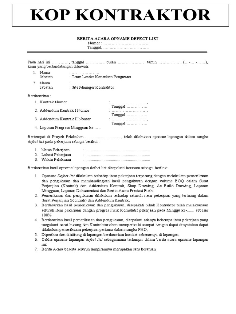 Berita Acara Opname Defect List | PDF