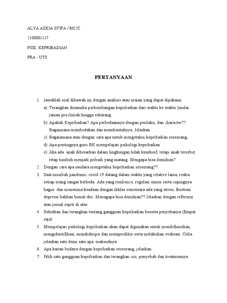 Alya Azkia Syifa 2100001117 BK2C - Tugas Pra Uts Psik Kepribadian | PDF