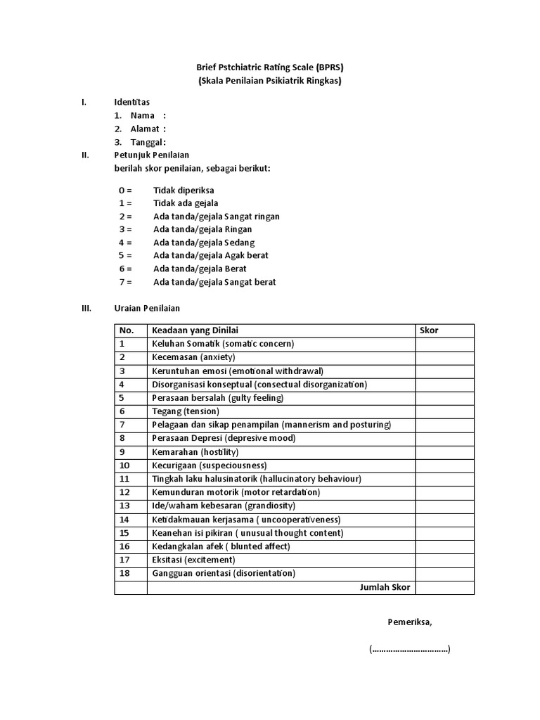 Brief Pstchiatric Rating Scale - BPRS | PDF