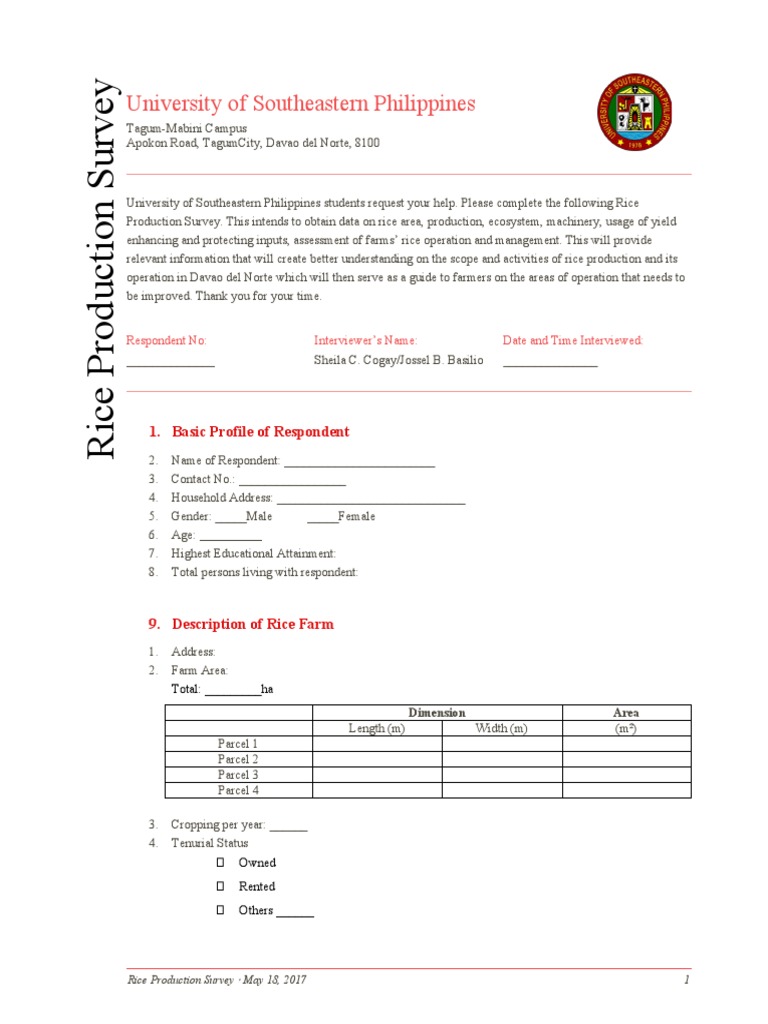Rice Production Survey Questionnaire | PDF | Tillage | Rice