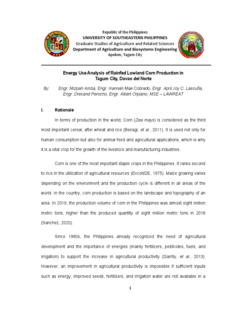Energy Use Analysis of Rainfed Lowland Corn Production in Tagum City ...