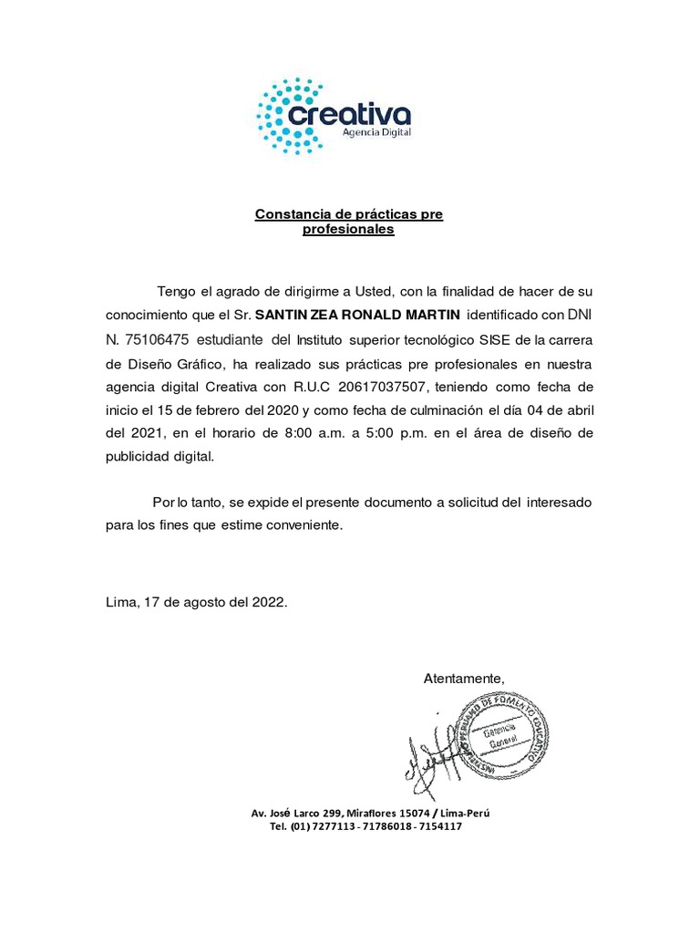 Constancia de Prácticas Pre Profesionales | PDF